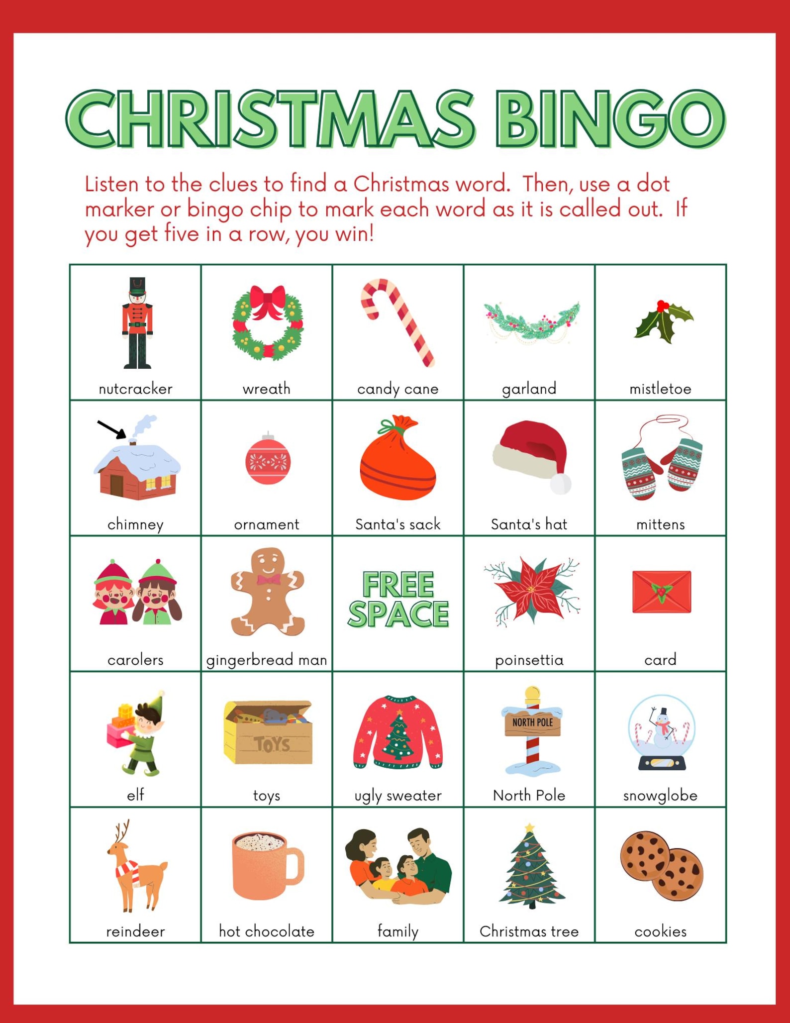 Christmas Bingo Game CLUE SHEET INCLUDED, Instant Download, Printable ...