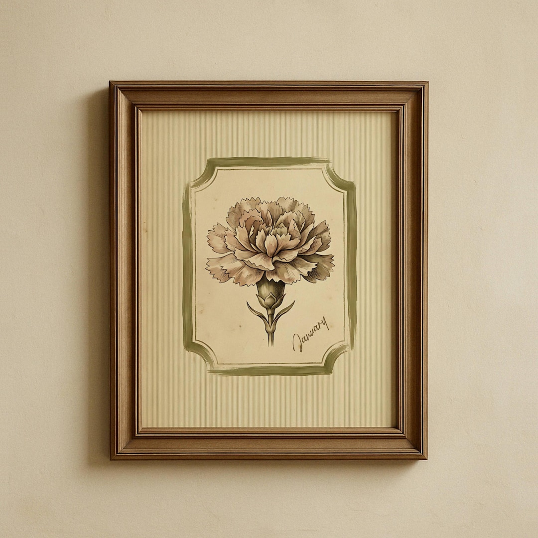 January Birth Flower Carnation Art Print, Vintage Striped Floral Wall ...