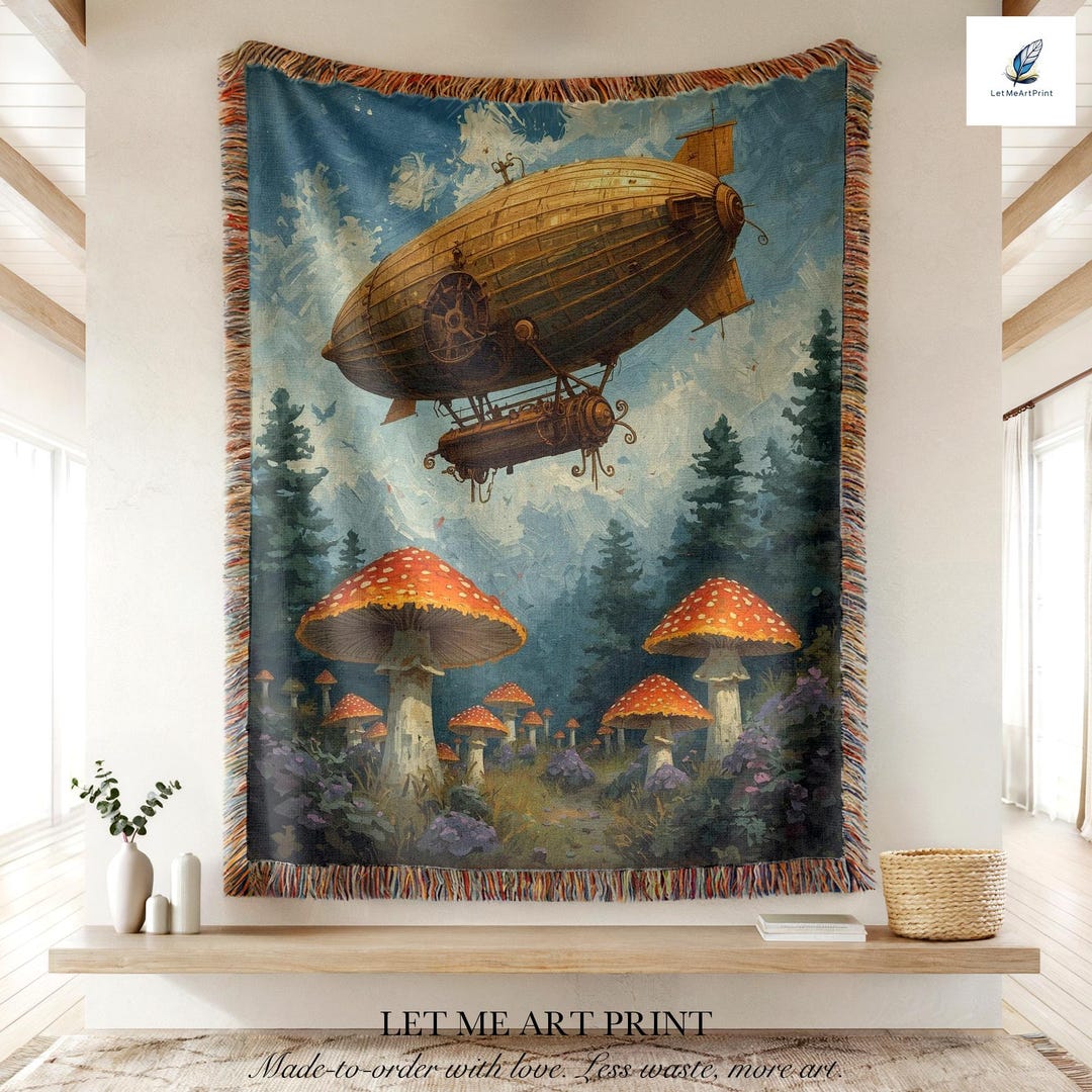 Steampunk Airship Blanket, Mushroom Forest Tapestry, Cottagecore Throw ...