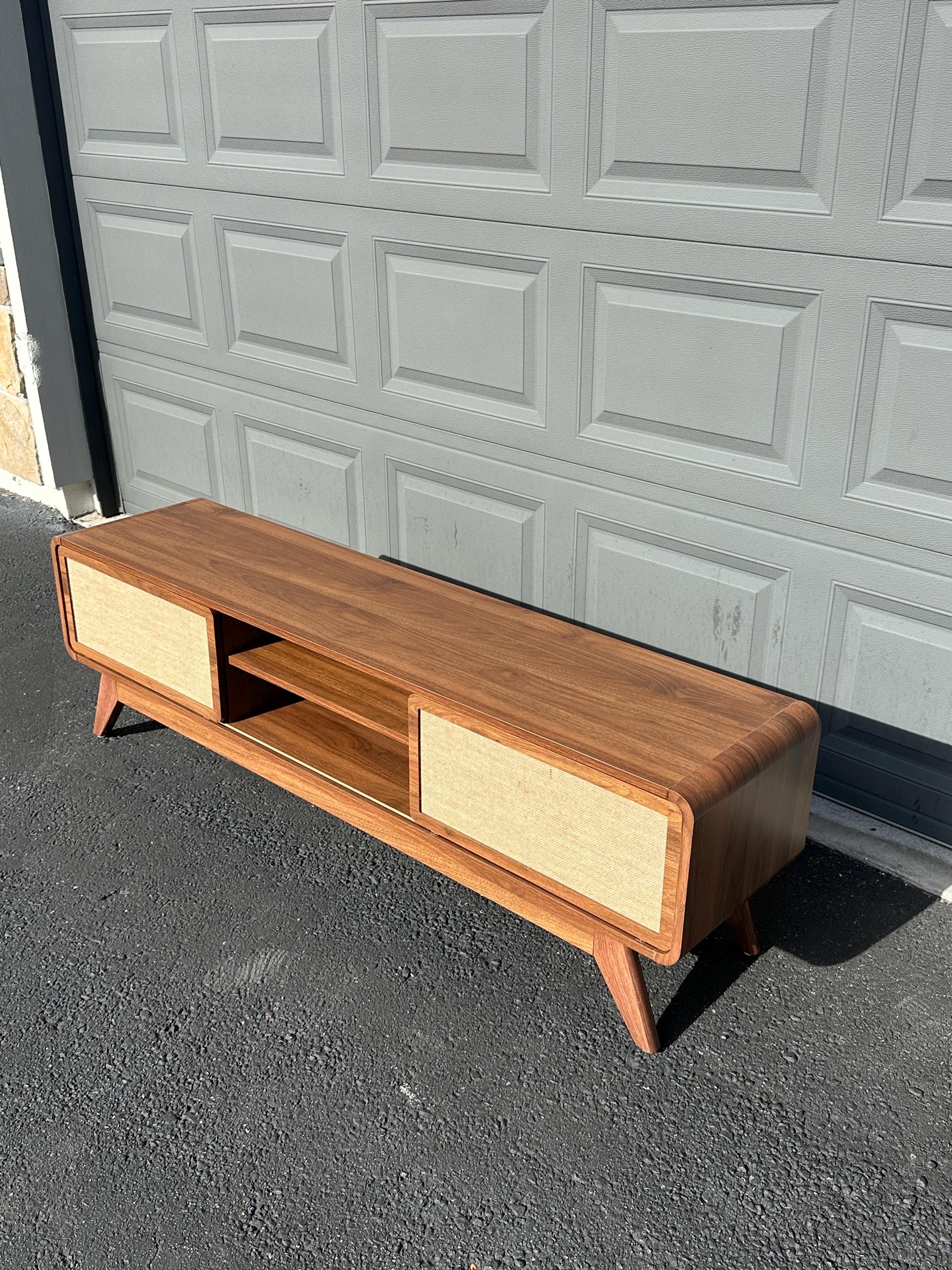 Bohemian TV Stand – Mid-century Modern Media Console With Linen Doors ...