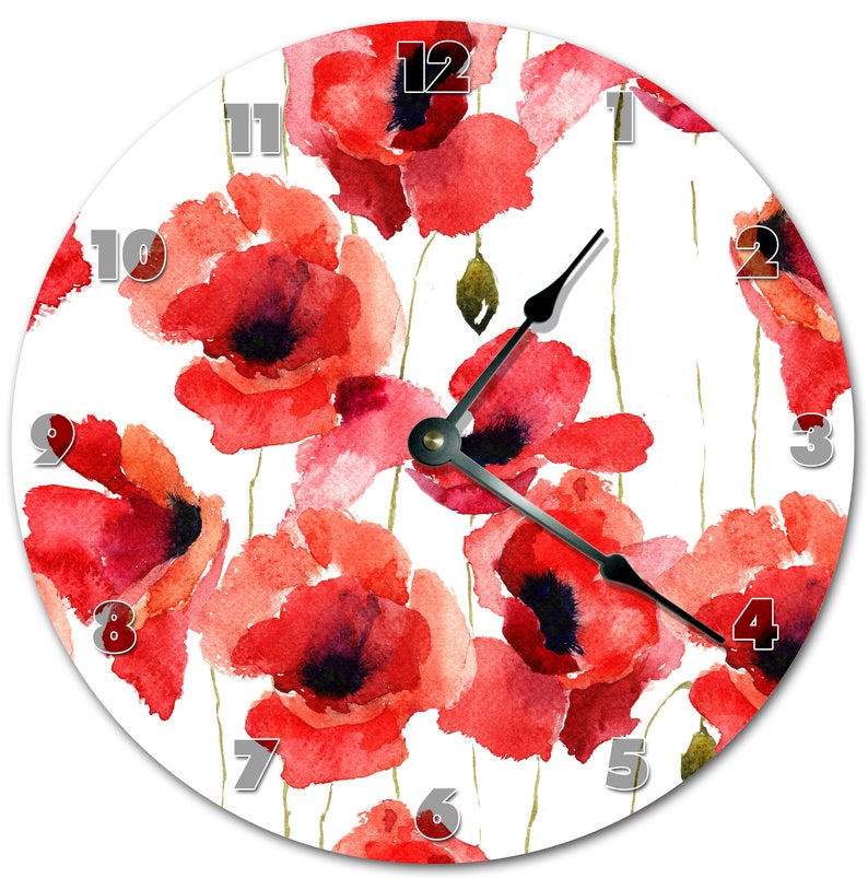 Floral Wall Clock: 10.5" Red Poppy Flower Art, Silent Clock - Etsy