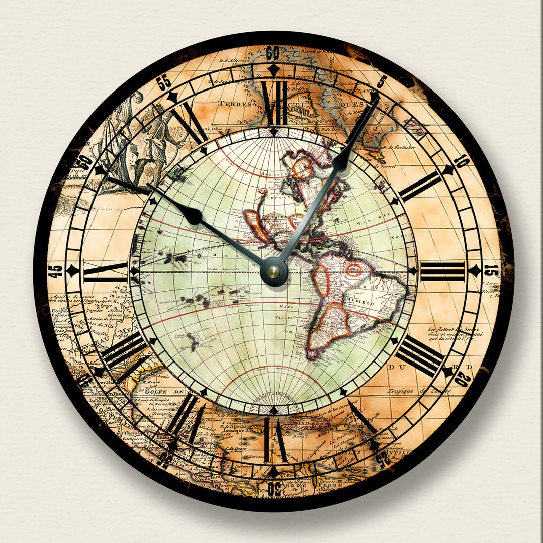 10.5" Wall Clock - ANTIQUE MAP Wall CLOCK - Western Hemisphere ...