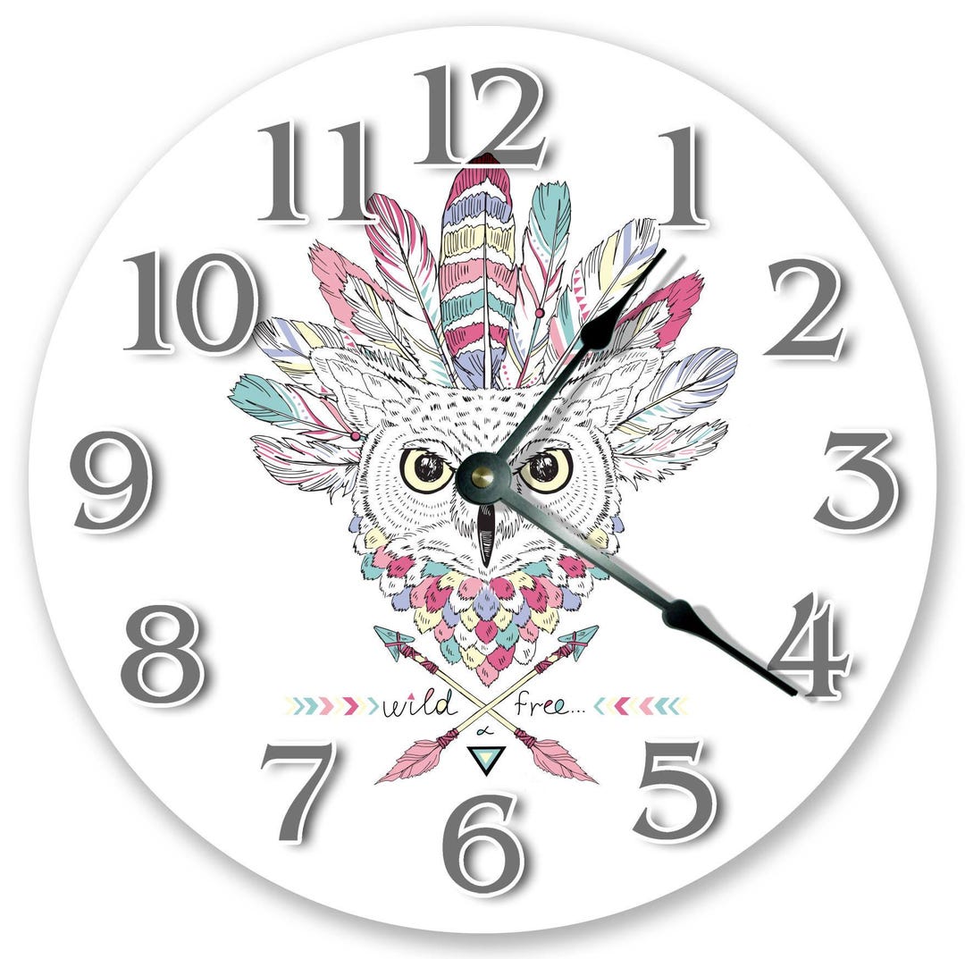Owl and Feather Wall Clock: Pink Bird Artwork (silent, Indoor Use) - Etsy