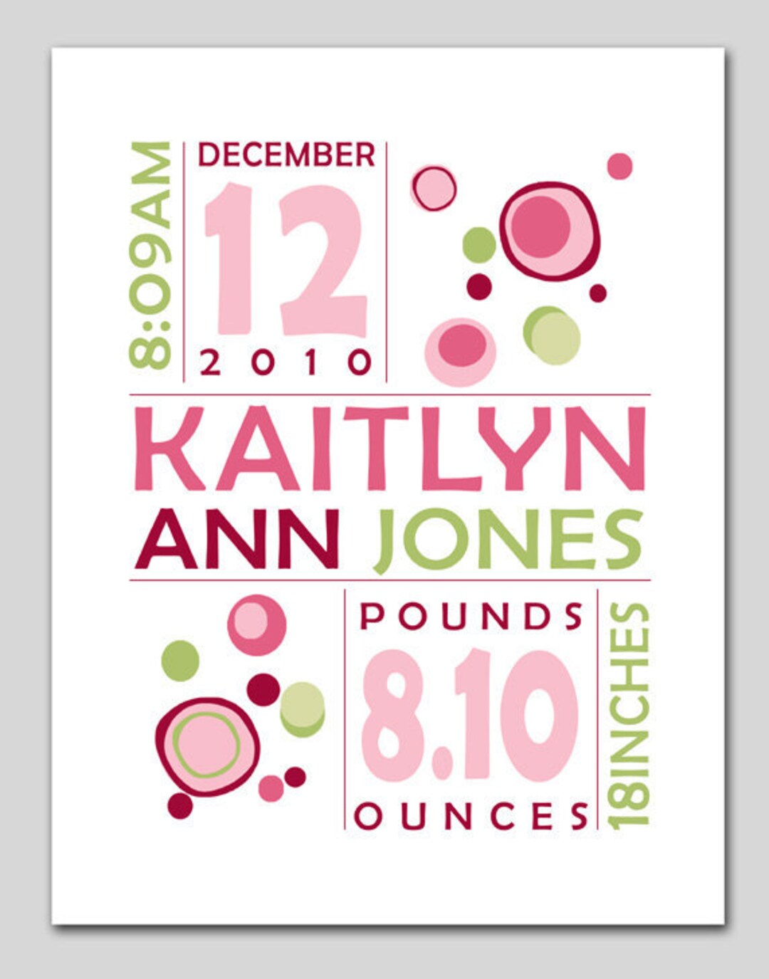 Birth Announcement Print BUBBLE GUM DOTS 8x10 Includes Your Custom ...