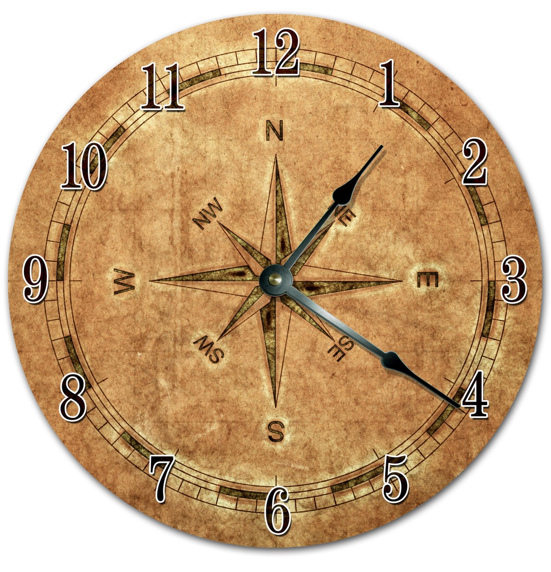 10.5 Old COMPASS Clock BROWN Clock Living Room Clock Large 10.5 Wall ...