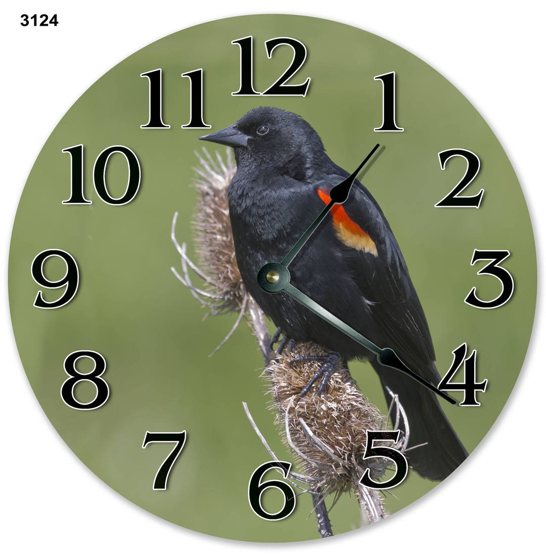 10.5" RED WINGED BLACKBIRD Clock - Large 10.5" Wall Clock - Bird Clock ...