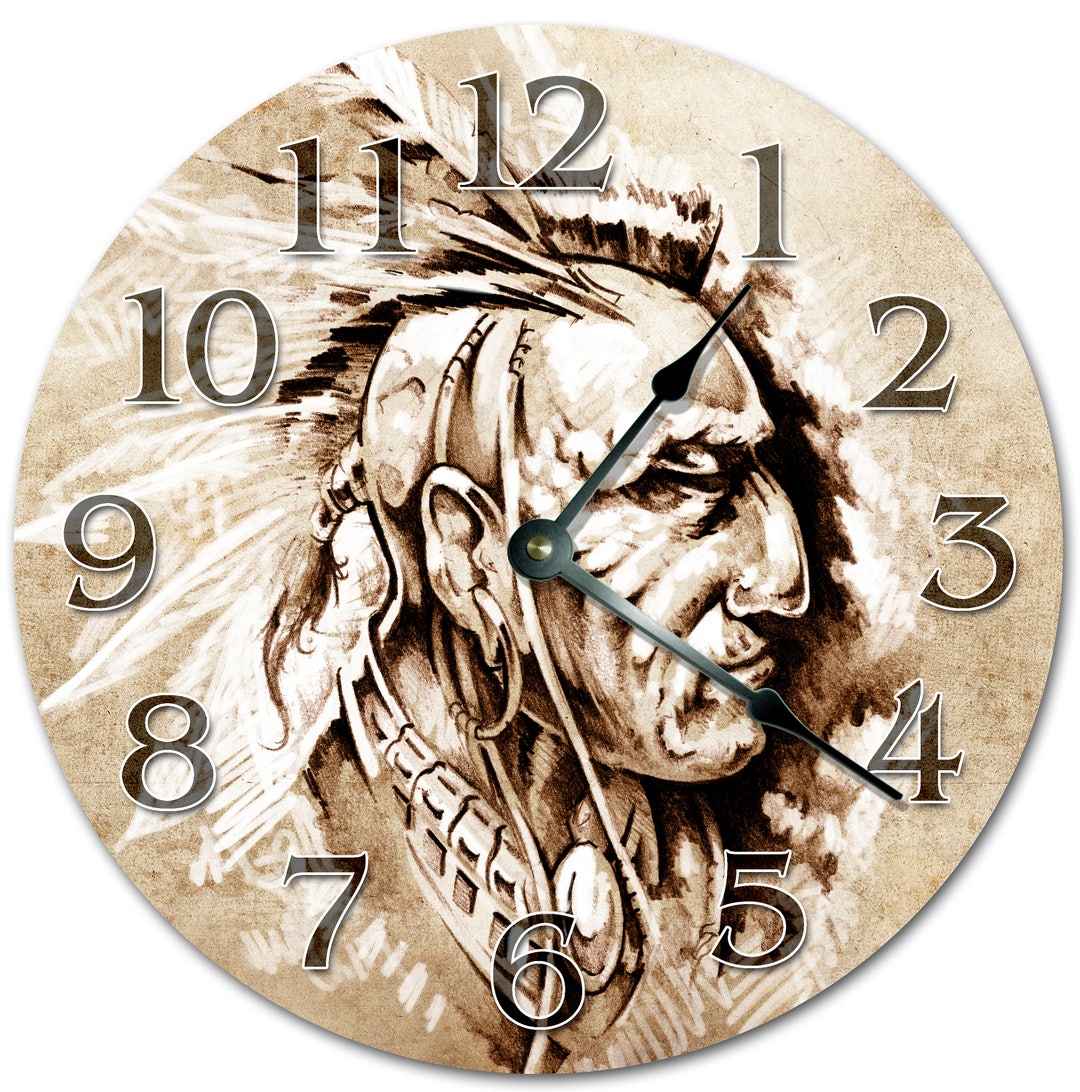 10.5" INDIAN CHIEF Clock - Living Room Clock - Large 10.5" Wall Clock ...