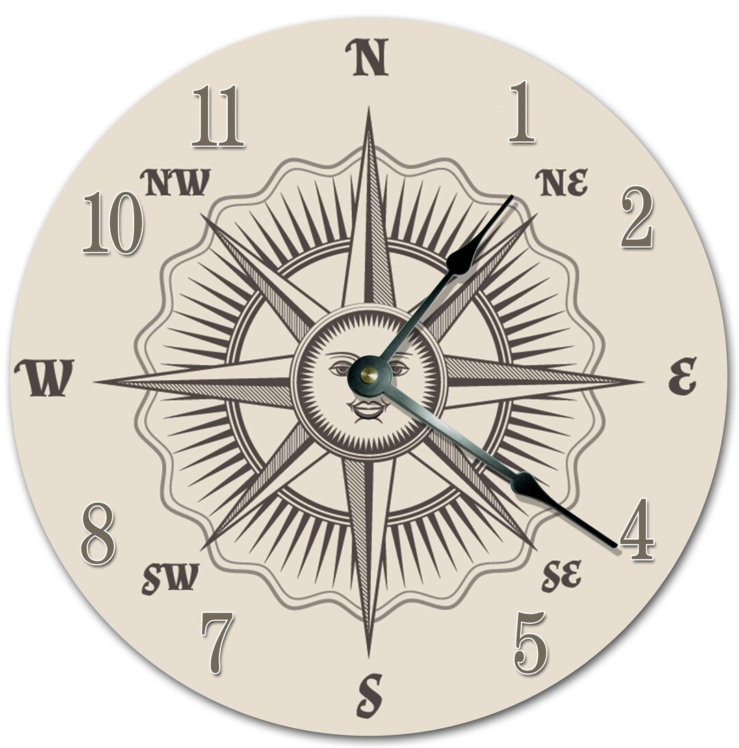 10.5" SUN DESIGN COMPASS Clock - Living Room Clock - Large 10.5" Wall ...