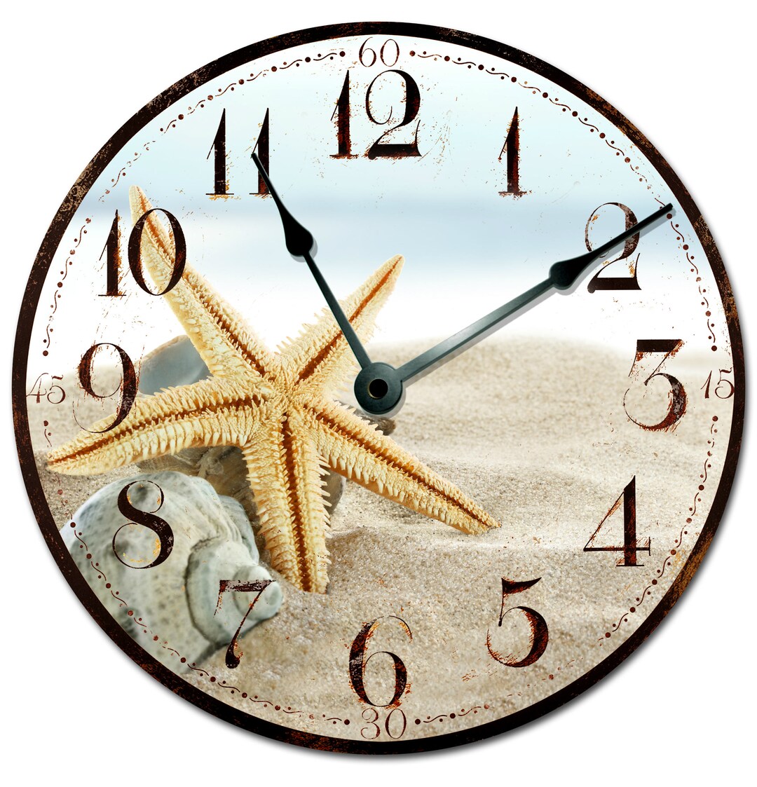RUSTIC STARFISH on BEACH Clock - Extra Large 15" to 16" Wall Clock ...