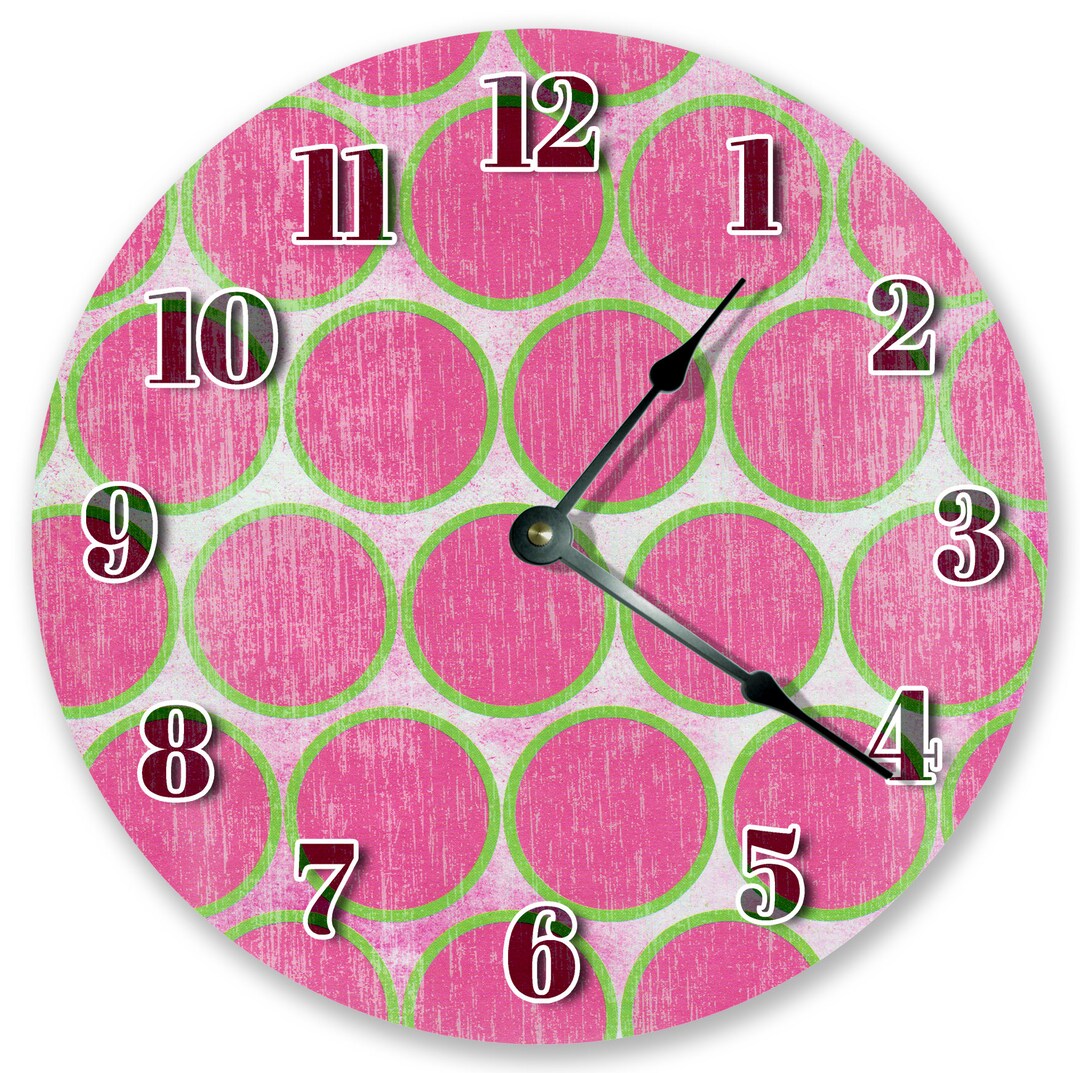 10.5 LIME GREEN PINK Polka Dots Clock Large 10.5 Wall Clock Nursery ...