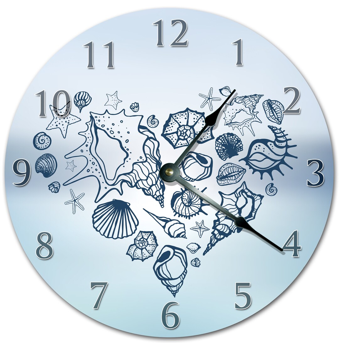 10.5 Heart Shaped Sea Shell Art Clock BLUE Clock Living Room Clock ...