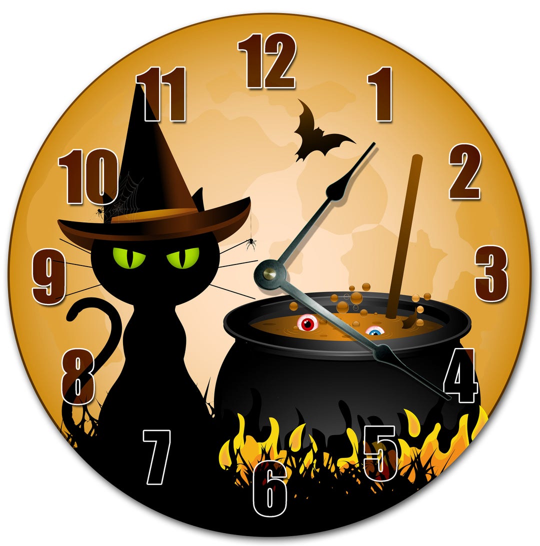 10.5 CARTOON WITCH CAT Clock Living Room Clock Large 10.5 Wall Clock ...