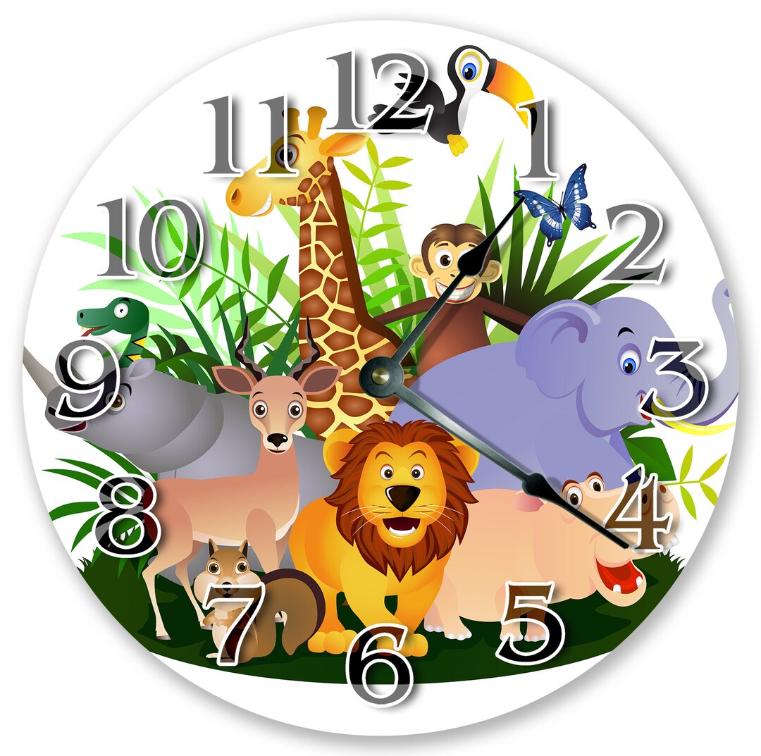 10.5 ANIMAL CARTOON Clock Large 10.5 Wall Clock Jungle Animals Round ...