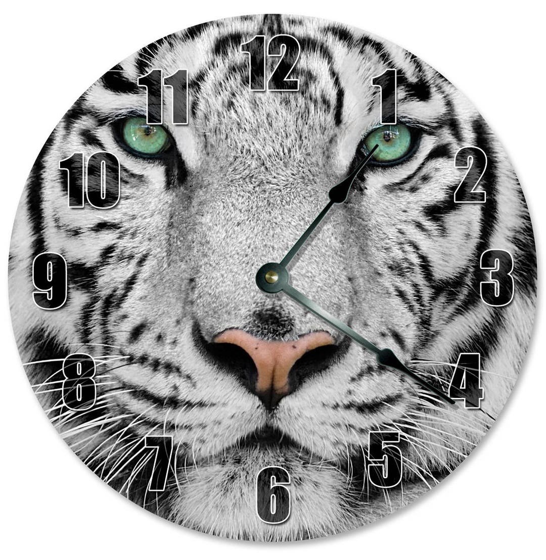 10.5" WHITE TIGER Clock - Living Room Clock - Large 10.5" Wall Clock ...