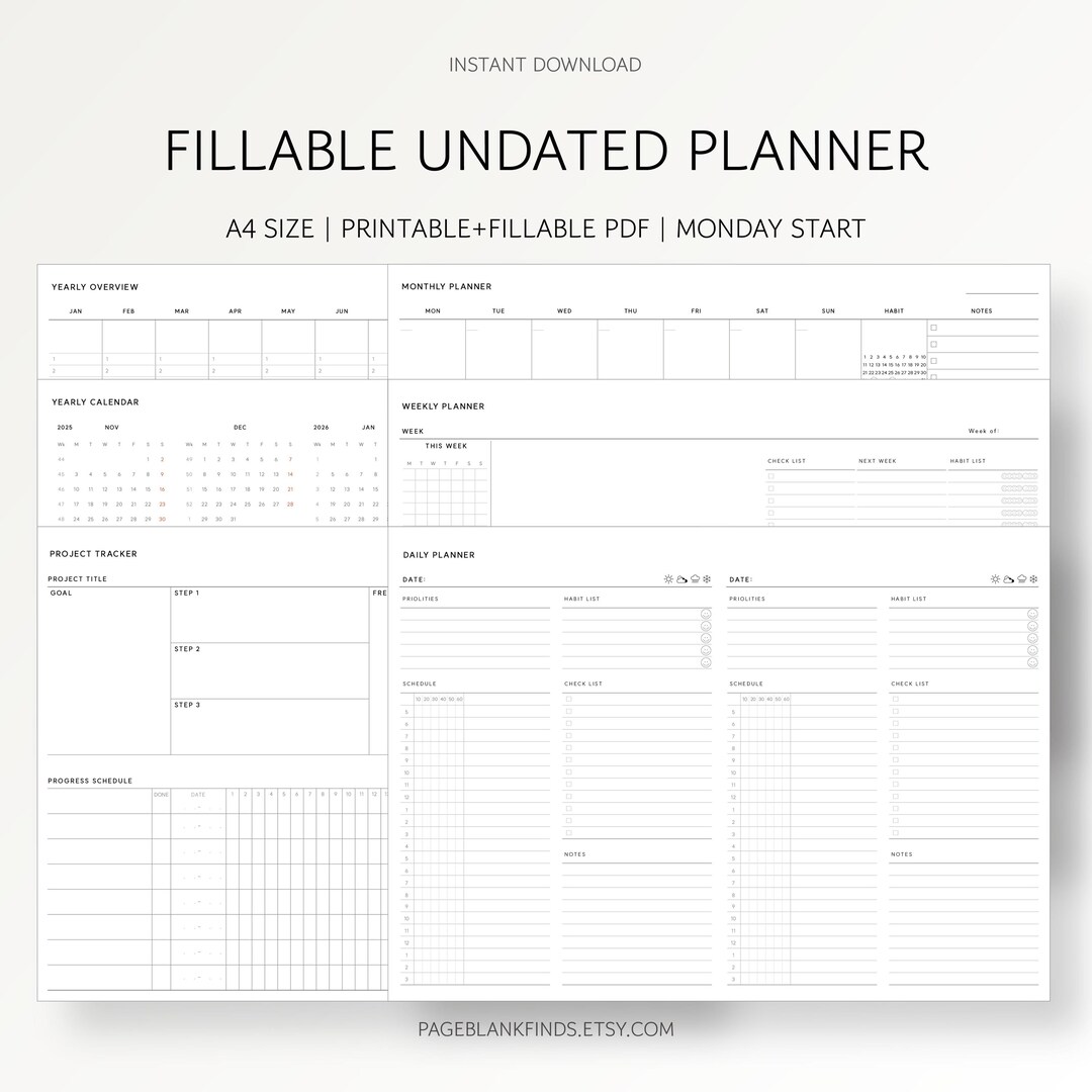 Undated Planner Bundle, Fillable + Printable Planner, With Habit ...