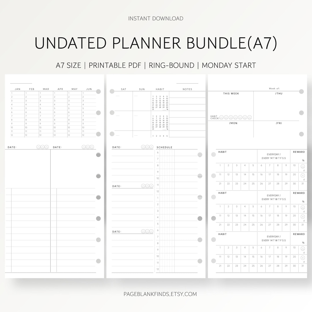 Undated Planner Bundle, With Habit Tracker, A7, Printable Planner for ...