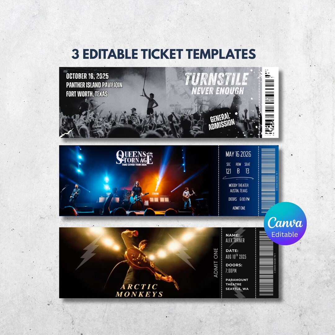 Rock Concert Ticket Pack – Make Your Own Ticket Stubs – 3 Editable ...