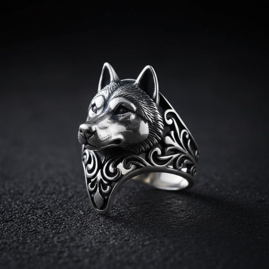 Sterling Silver Husky Ring, Gothic Filigree Dog Ring, Oxidized Nordic ...
