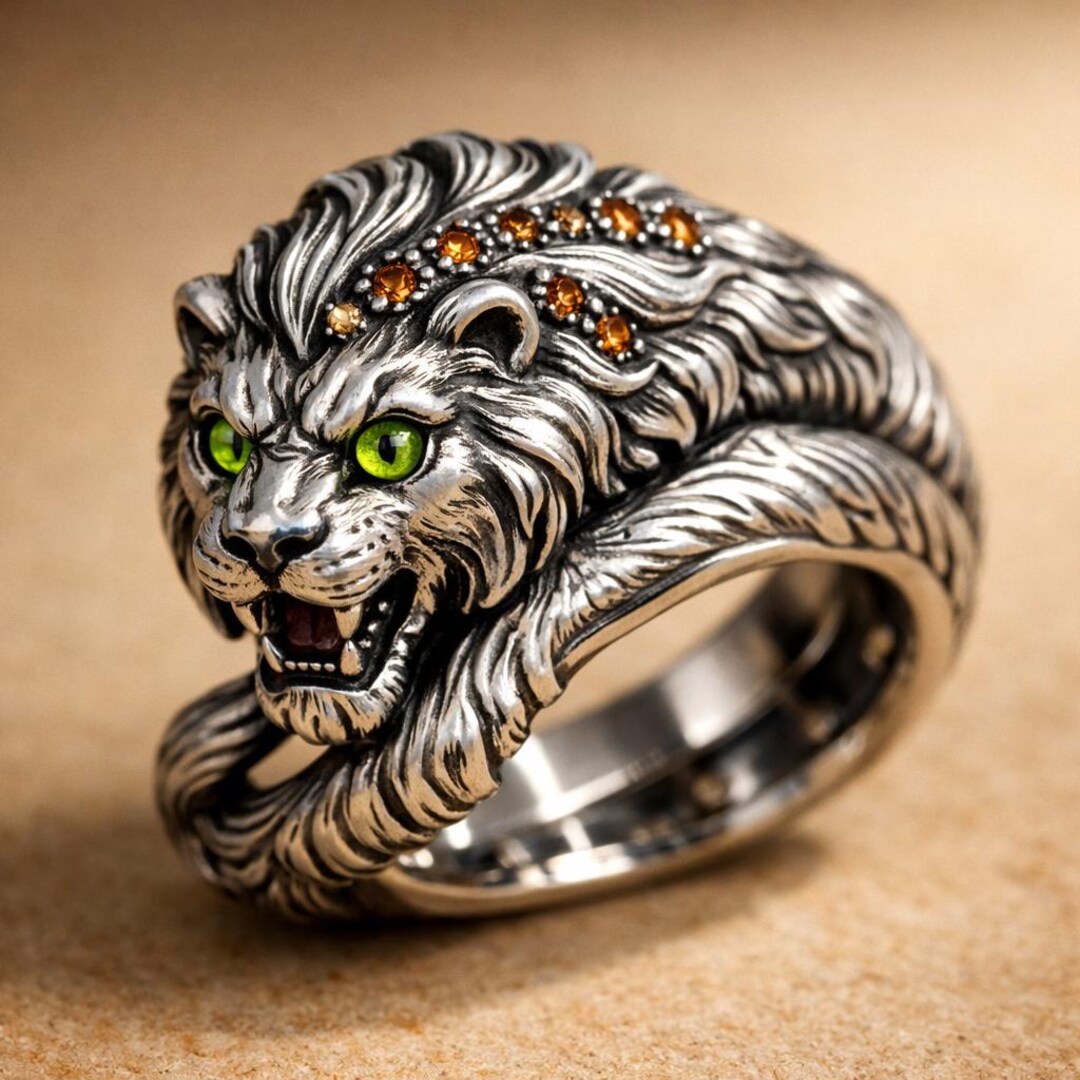 Sterling Silver Lion Ring Wrap Band With Green Eyes, Oxidized Statement ...
