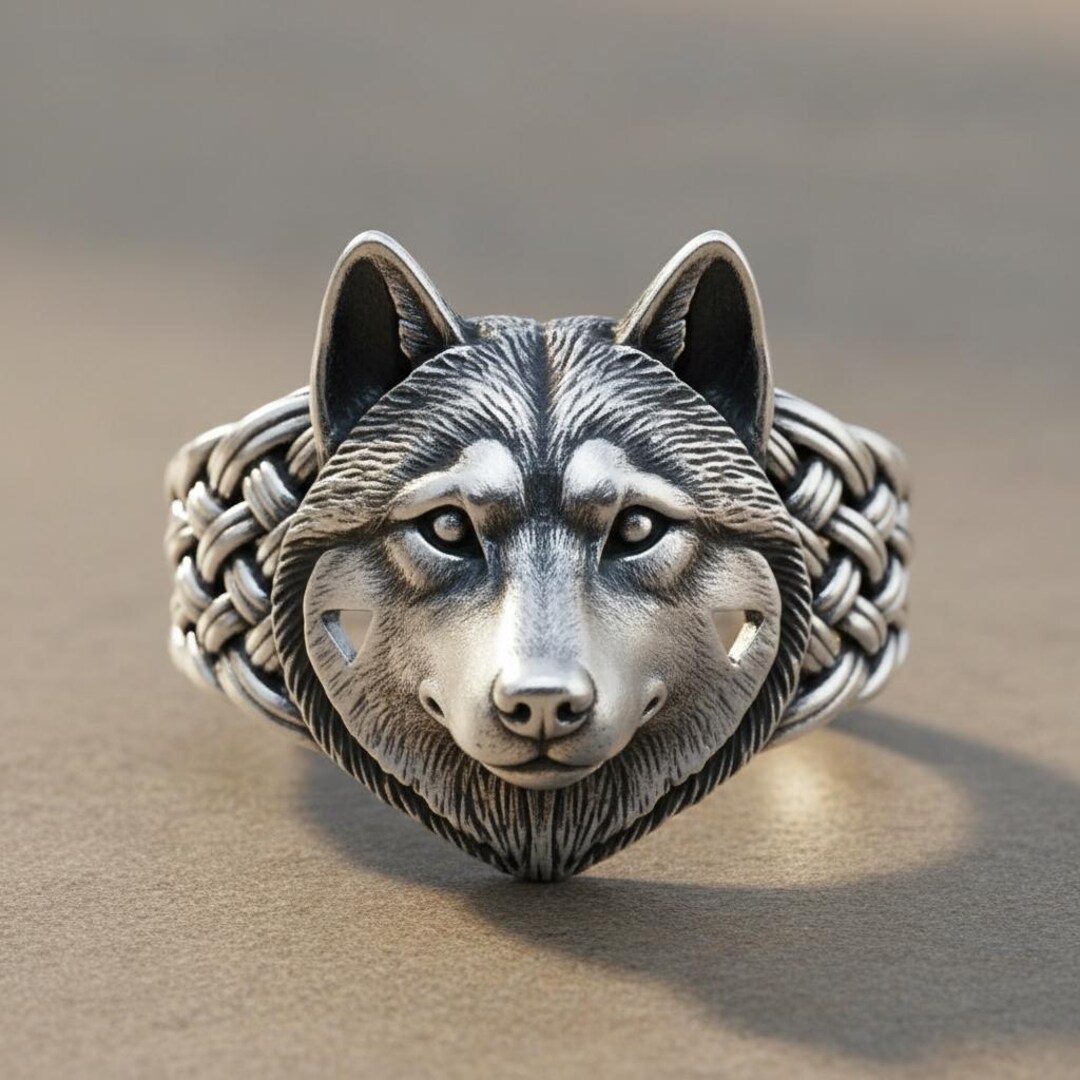 Sterling Silver Husky Ring, 3D Dog Head Ring With Braided Band, Nordic ...
