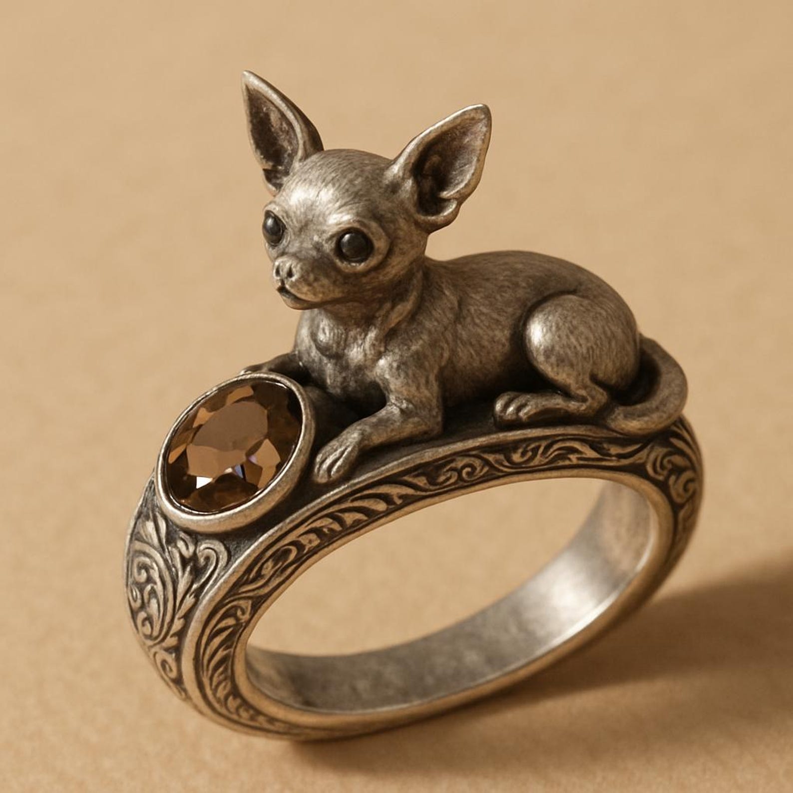 Chihuahua Ring Sterling Silver Vintage Dog Ring With Smoky Quartz Oval ...
