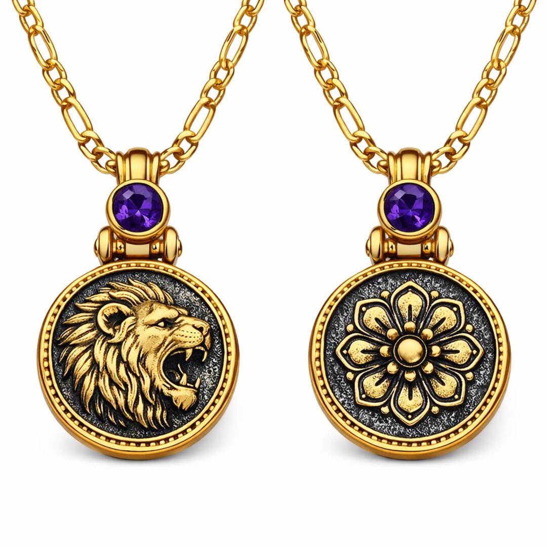 Reversible Lion & Flower Coin Necklace With Purple Stone, Gold Plated ...