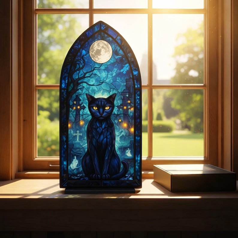 Black Cat Gothic Book Nook, Moonlight Cat Stained Glass Style, Fantasy ...