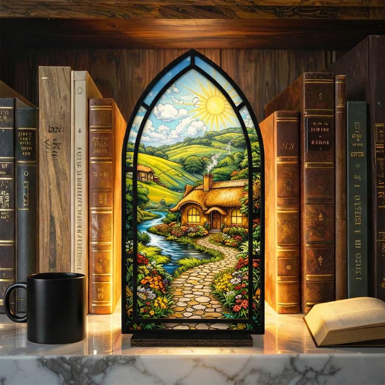 Cozy Cottage Book Nook, Fantasy Village Stained Glass Bookshelf Insert, Book Lover Gift - Etsy