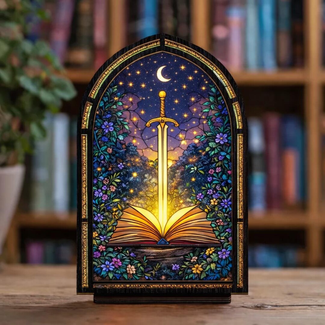 Fantasy Sword & Book Stained Glass Book Nook, Magical Library Arch ...