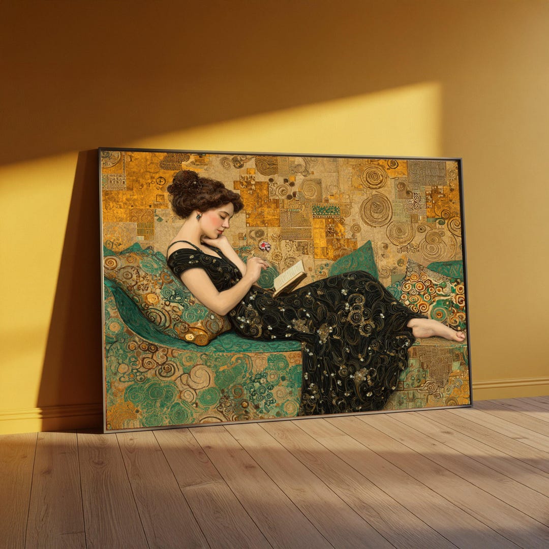 Gustav Klimt Reading Woman Canvas, Elegant Art Nouveau Wall Decor ...