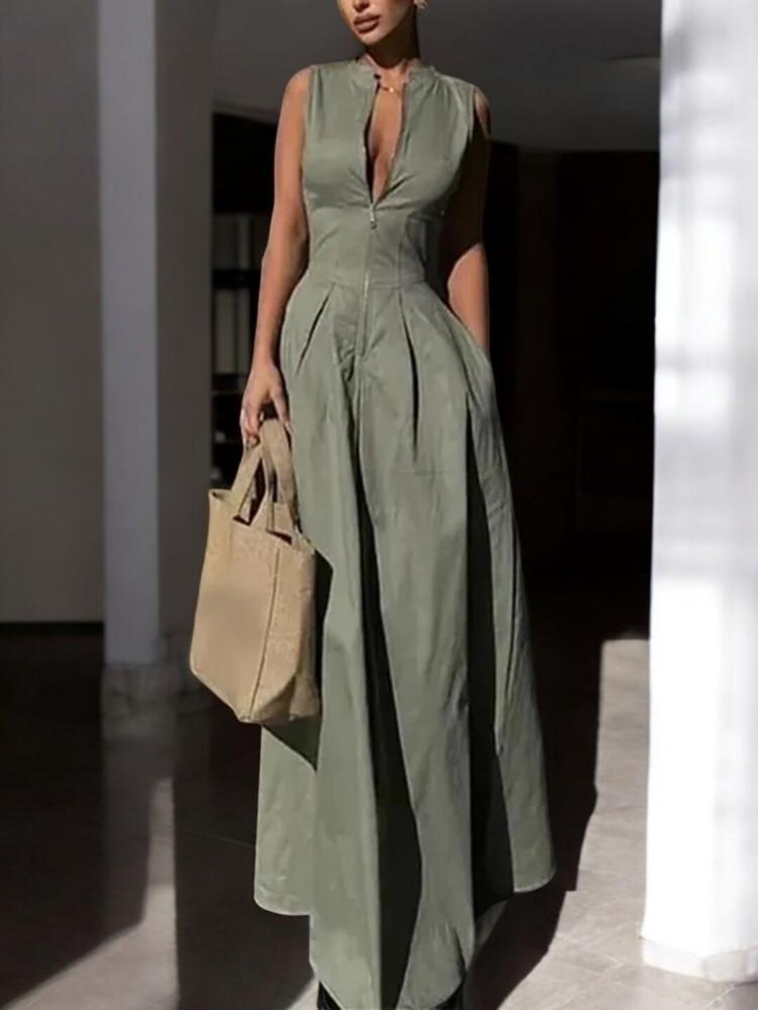 Graceline Pleated Midi Dress – Sleeveless Zipper-back Summer Dress for ...