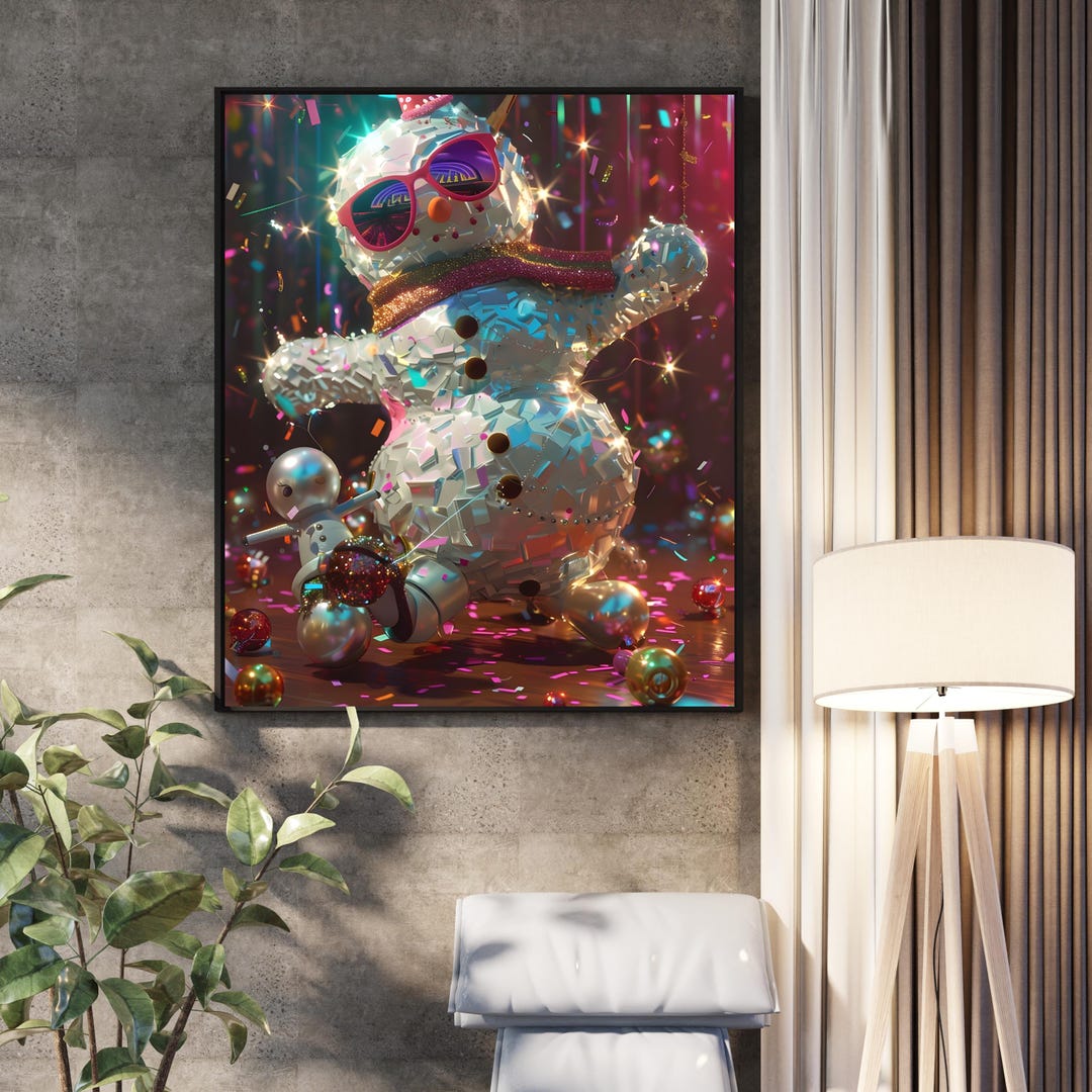 Disco Ball Snowman Print, Retro Christmas Wall Art, Groovy Pink ...