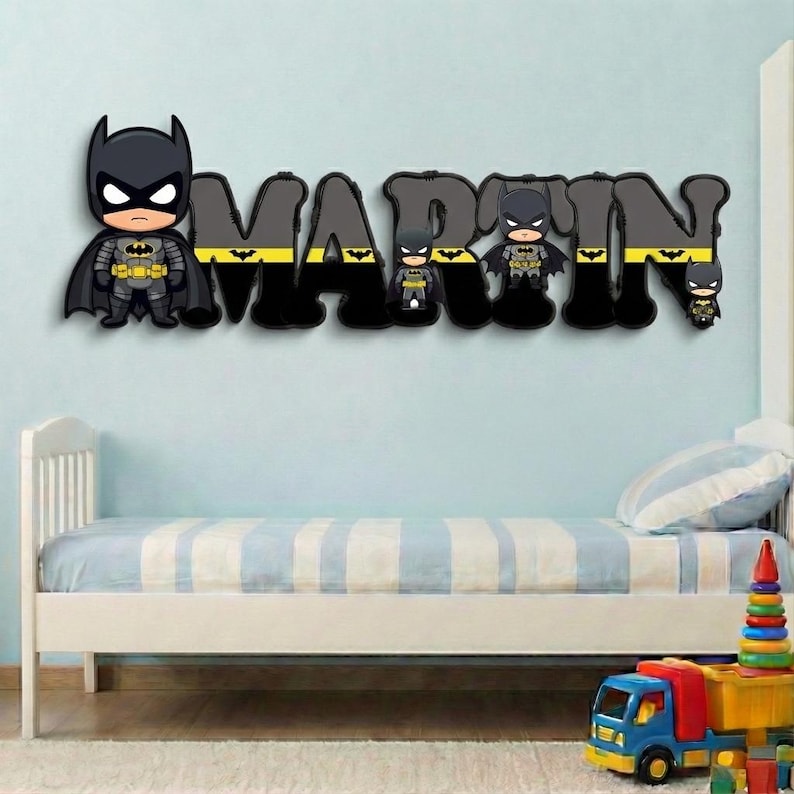 Custom Bat Hero Name Wall Sign, Personalized Kids Room Decor, Superhero ...