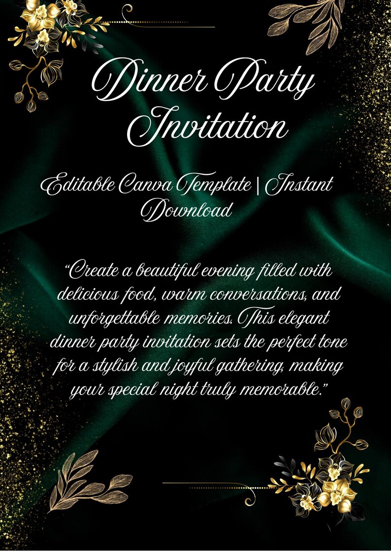 Dinner Party Invitation Canva Template | Elegant Green Gold Editable ...