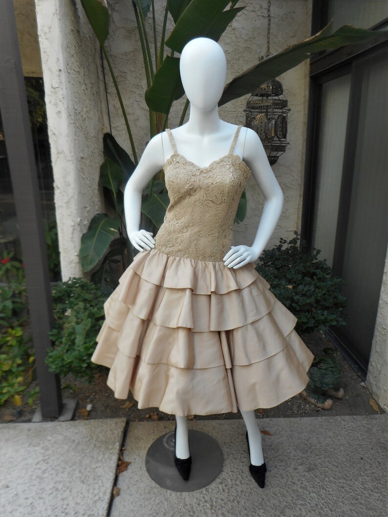 Vintage 1950's Maxwell Shieff Beige Lace & Ruffle Dress | Etsy
