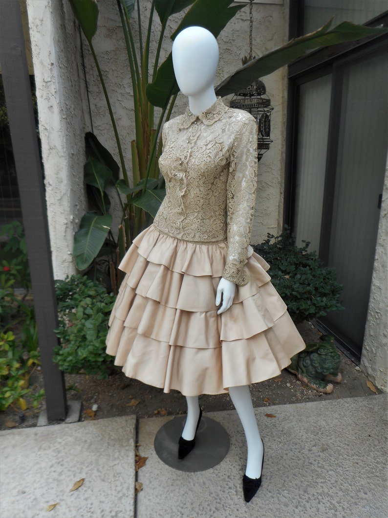 Vintage 1950's Maxwell Shieff Beige Lace & Ruffle Dress | Etsy