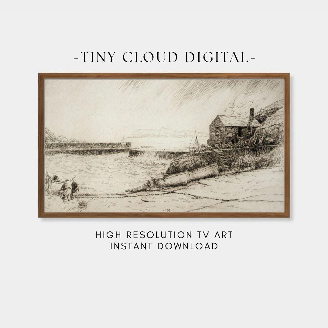 Vintage Rainy Day Etching TV Art | Nautical Television Art (digital ...