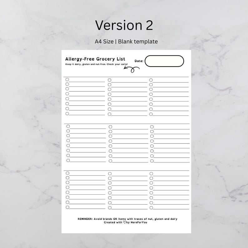 Printable A4 Allergy-free Grocery List, Fillable PDF, Dyslexia Friendly ...