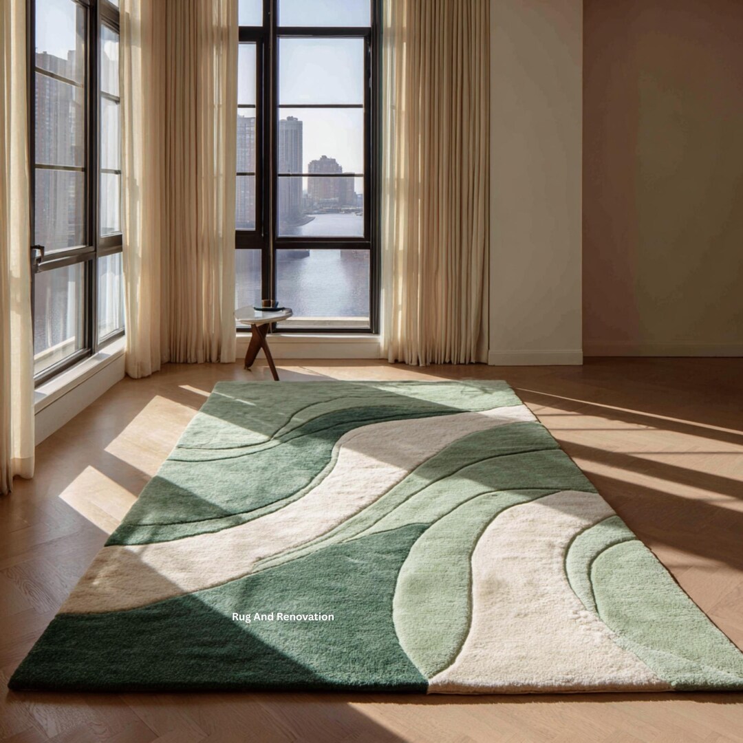 Green Sage Olive Abstract Rug | Modern Sculpted Wave Pattern Carpet for ...