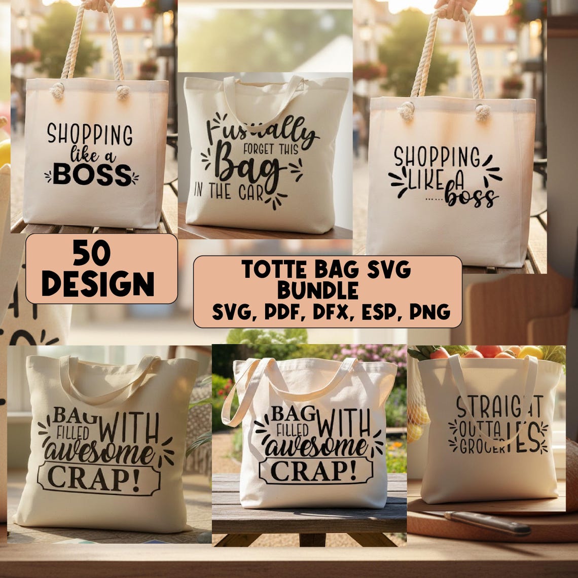 50 Tote Bag SVG Bundle, Funny Tote Bag Svg, Market Bag Svg, Funny Bag ...