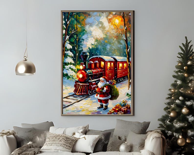 Vintage Christmas Train Painting, Santa Claus Snowy Print - Etsy