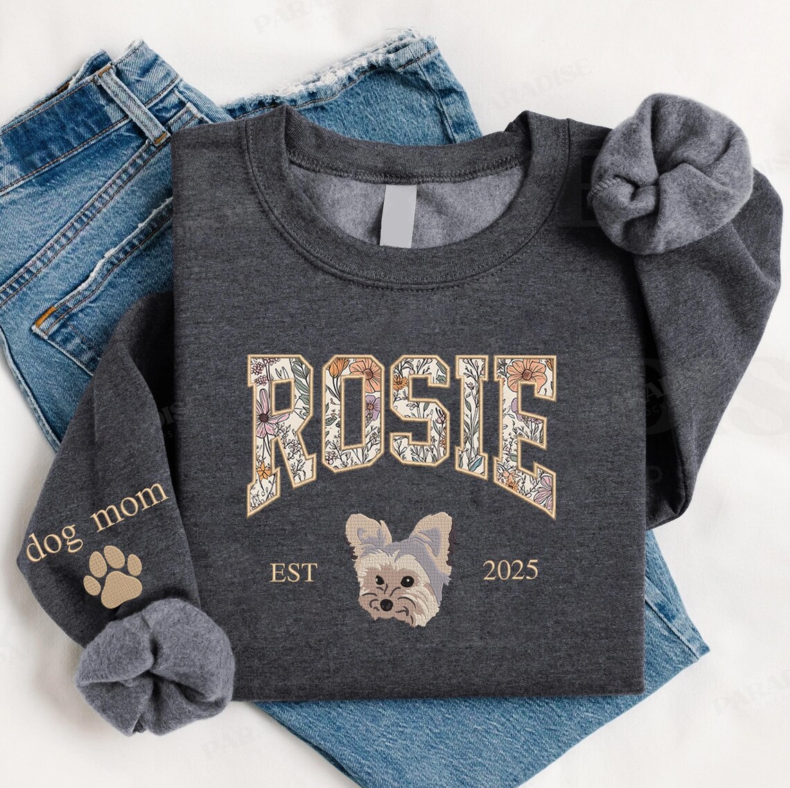 Custom Yorkie Embroidered Sweatshirt – Rosie Dog Name Crewneck ...