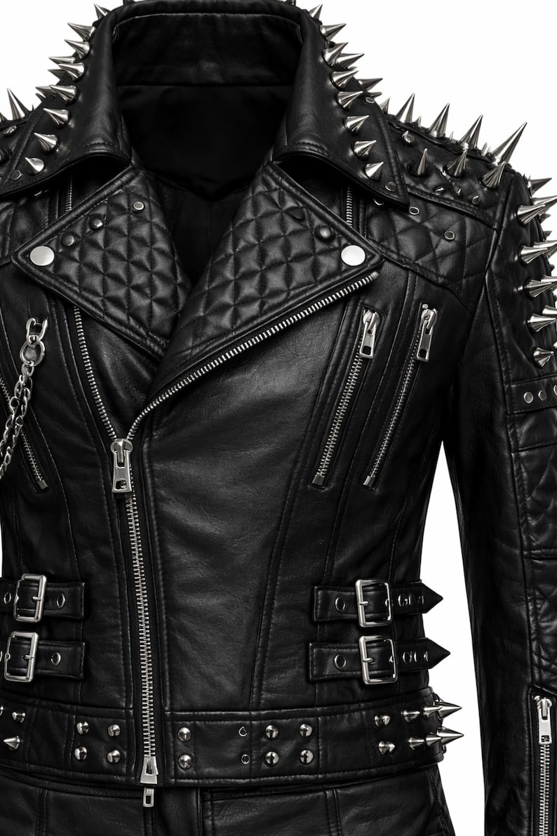 Mens Spiked Leather Jacket Black Cowhide Punk Biker Coat - Etsy