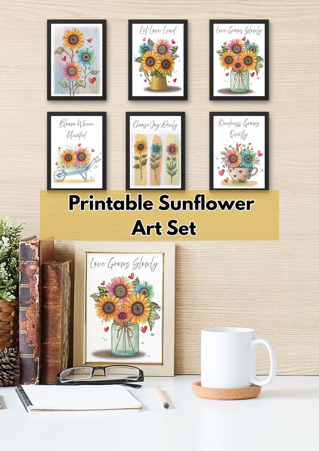 Sunflower Printable Wall Art Set | Positive Affirmation Quotes | Boho ...
