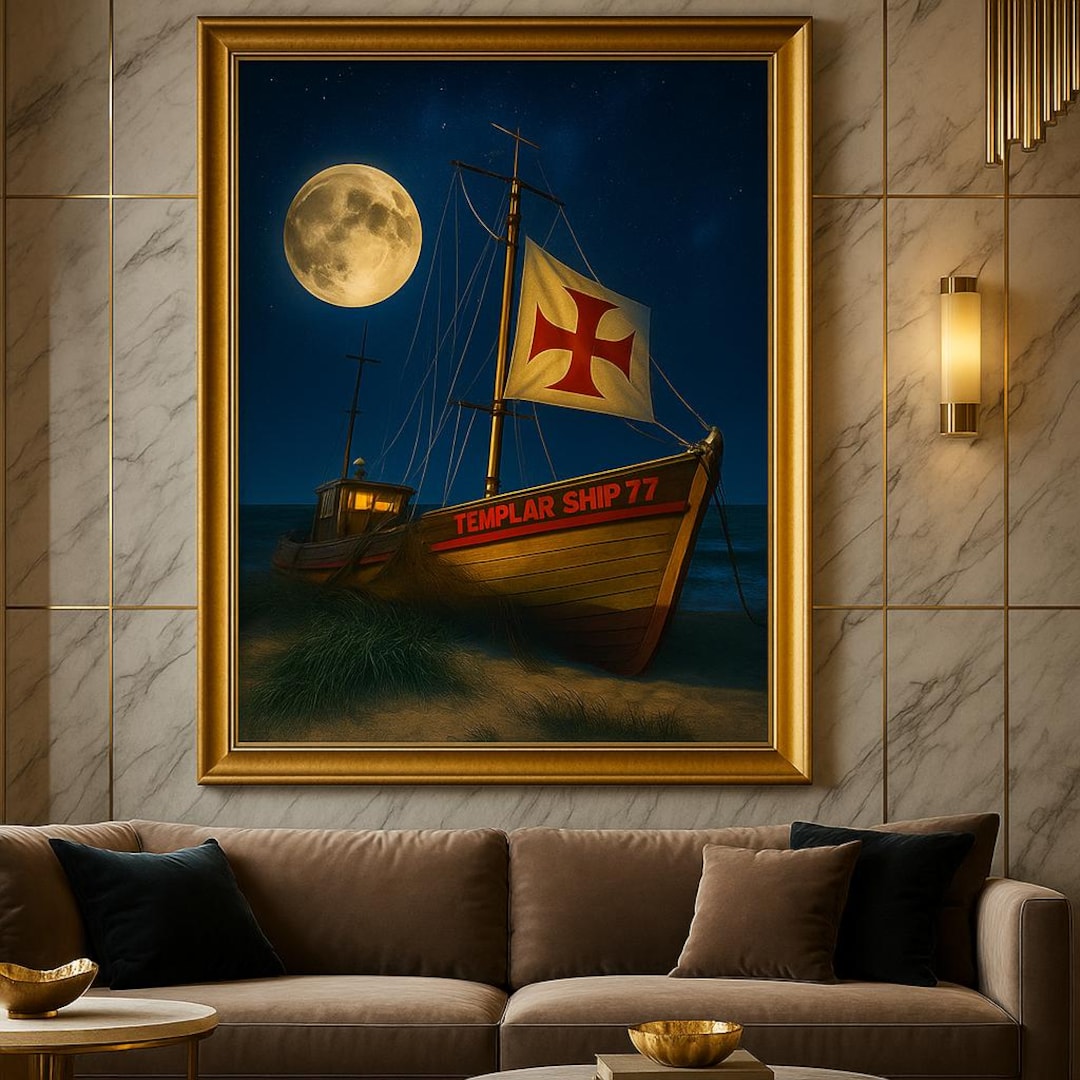 Knights Templar Ship Art – Medieval Boat Under Moon (digital Download ...