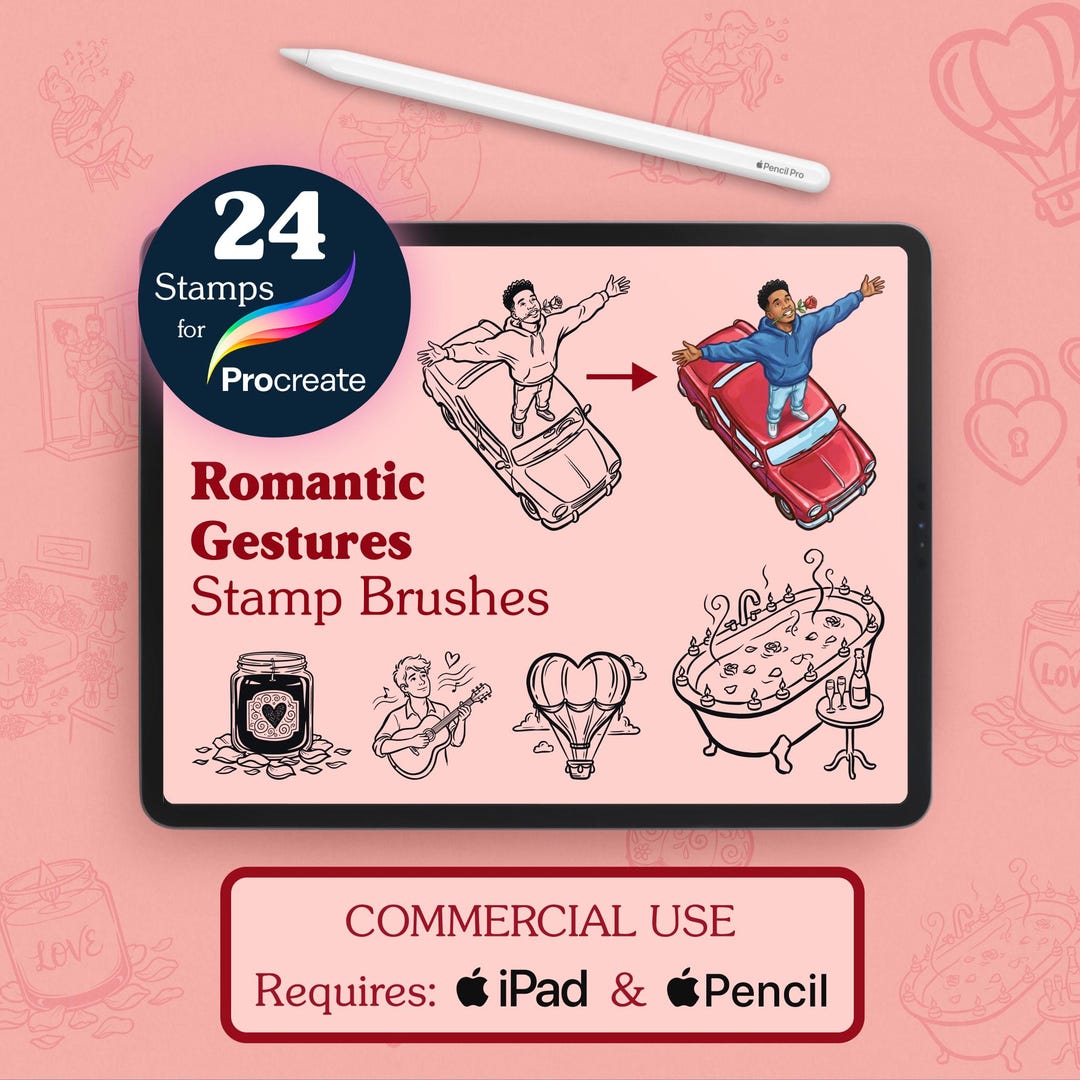 Romantic Gestures Valentines Procreate Stamp Brush Set | Hand Drawn ...