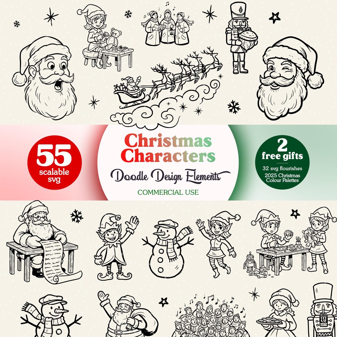 Christmas Characters Clipart Bundle: Doodle Design Elements, Festive ...