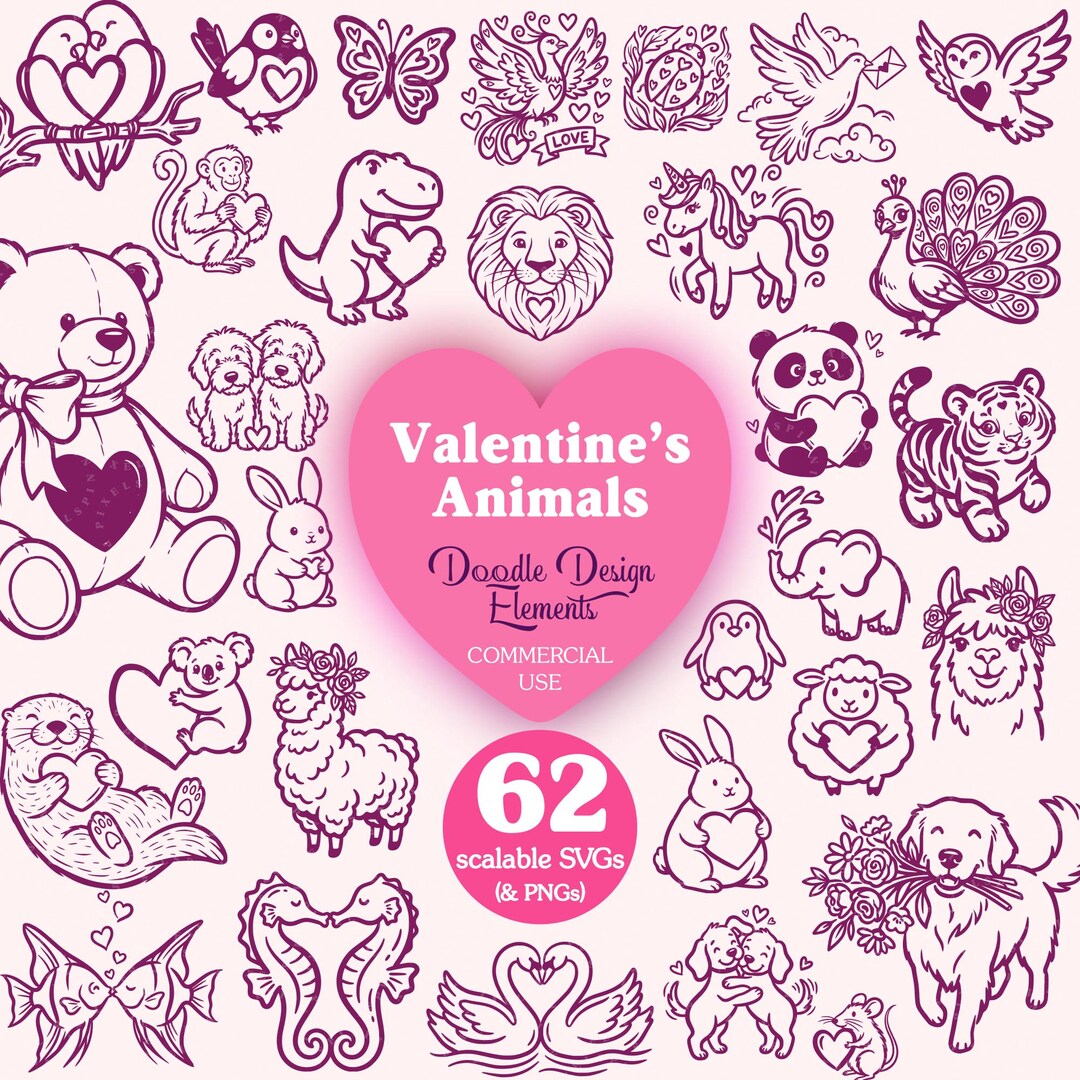 Valentine Animal Clipart Bundle SVG PNG | Hand-drawn Doodle Clipart Set ...