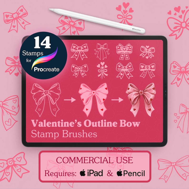 Valentine Bows Procreate Stamp Brush Set | Doodle Outline Line Art ...