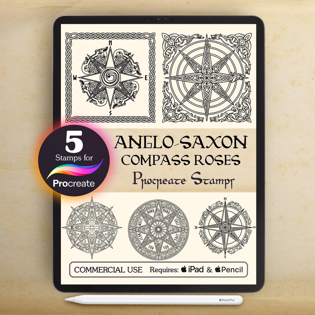 Anglo-saxon Compass Rose Procreate Stamps, 5 Detailed Navigation Rose ...